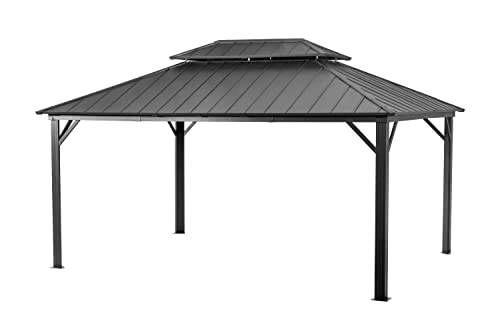 12x16 Outdoor Patio Hardtop Gazebo with Spliced Structure for Easy Assembly,Galvanized Steel Metal Double Roof Aluminum Permanent Frame with Netting and Curtains for Backyard Garden