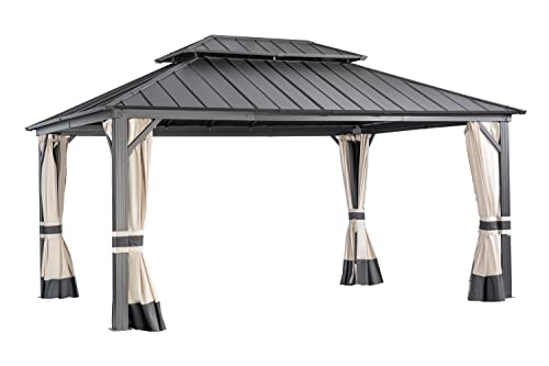 12x16 Outdoor Patio Hardtop Gazebo with Spliced Structure for Easy Assembly,Galvanized Steel Metal Double Roof Aluminum Permanent Frame with Netting and Curtains for Backyard Garden