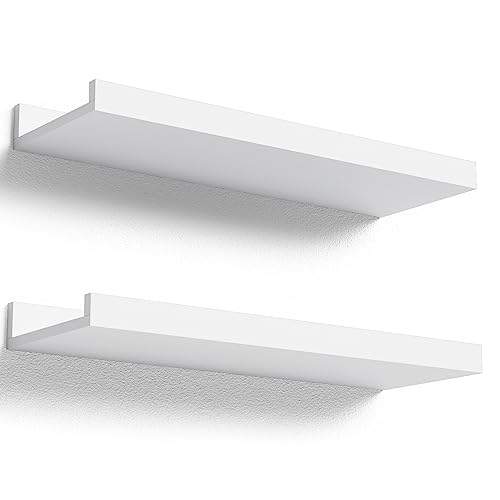 Boswillon Floating Shelves Wall Mounted Set of 2, Modern White Wall Shelves for Bedroom, Nursery White Shelves with Lip, Display Picture Ledge Shelf for Wall Decor Living Room Bathroom Kitchen - White