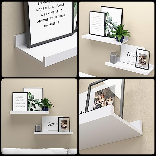 Boswillon Floating Shelves Wall Mounted Set of 2, Modern White Wall Shelves for Bedroom, Nursery White Shelves with Lip, Display Picture Ledge Shelf for Wall Decor Living Room Bathroom Kitchen - White