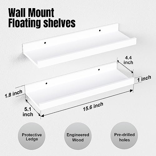 Boswillon Floating Shelves Wall Mounted Set of 2, Modern White Wall Shelves for Bedroom, Nursery White Shelves with Lip, Display Picture Ledge Shelf for Wall Decor Living Room Bathroom Kitchen - White