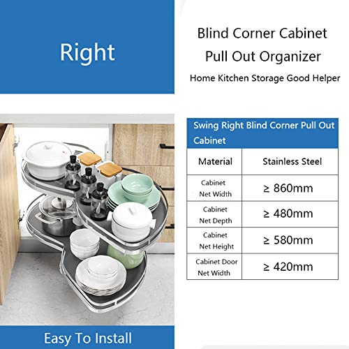 Pull Out Blind Corner Cabinet Organizer for More Than 860mm Cabinet, 2 Tier Swing Tray Right Blind Corner Kitchen Cabinet with Soft Close for Cupboard, Open Right