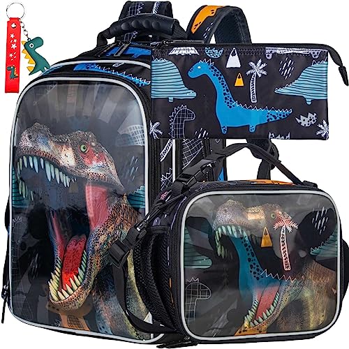 AGSDON 3PCS Kids Backpack Boys, 16" little Kid Dinosaur Preschool School Bookbag and Lunch Box