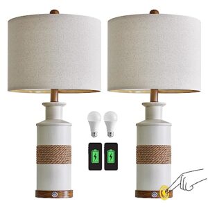 BOBOMOMO 24.5" USB A+C 3-Way Dimmable Touch Control Boho Table Lamp Set of 2 for Living Room Nightstand Beside Lamps for Bedroom(Include Two Bulbs)