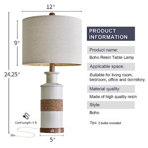 BOBOMOMO 24.5" USB A+C 3-Way Dimmable Touch Control Boho Table Lamp Set of 2 for Living Room Nightstand Beside Lamps for Bedroom(Include Two Bulbs)