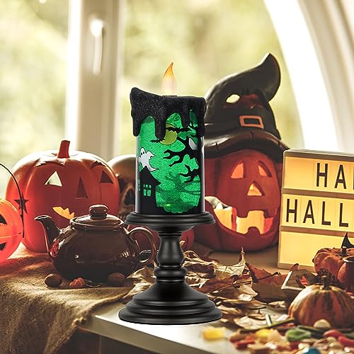 Halloween Snow Globe, Battery Operated Flameless Candle Snow Globe with 6 Hour Timer, Sparkly Glitter Candle Lantern Table Centerpiece for Home Indoor Halloween Decoration(Green)