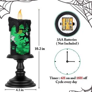 Halloween Snow Globe, Battery Operated Flameless Candle Snow Globe with 6 Hour Timer, Sparkly Glitter Candle Lantern Table Centerpiece for Home Indoor Halloween Decoration(Green)