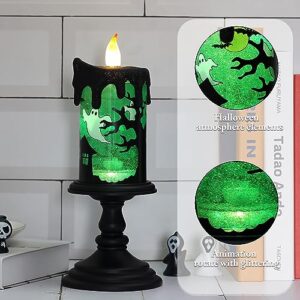 Halloween Snow Globe, Battery Operated Flameless Candle Snow Globe with 6 Hour Timer, Sparkly Glitter Candle Lantern Table Centerpiece for Home Indoor Halloween Decoration(Green)