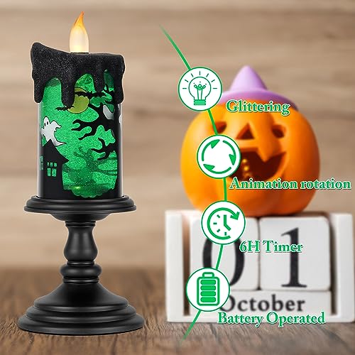 Halloween Snow Globe, Battery Operated Flameless Candle Snow Globe with 6 Hour Timer, Sparkly Glitter Candle Lantern Table Centerpiece for Home Indoor Halloween Decoration(Green)