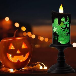 Halloween Snow Globe, Battery Operated Flameless Candle Snow Globe with 6 Hour Timer, Sparkly Glitter Candle Lantern Table Centerpiece for Home Indoor Halloween Decoration(Green)