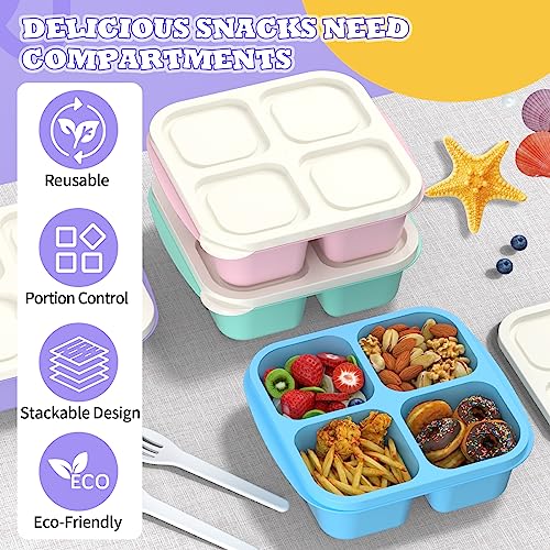 XGXN Meal Prep Containers (4 Pack), 4-Compartments Bento Lunch Box, Reusable BPA Free Food Prep Containers for Kids, Lunchable Kids Snack Container for School, Work, and Travel (G/P/B/P+White Lid)