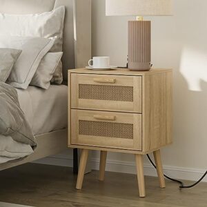 Masupu NightStand with Charging Station,Bedside Table with PE Rattan Decor Drawer, 2 Drawer Dresser for Bedroom,Rattan Furniture,Small Side Table,Rattan Night Stand for Bedroom,Living Room