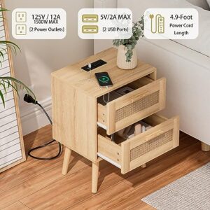 Masupu NightStand with Charging Station,Bedside Table with PE Rattan Decor Drawer, 2 Drawer Dresser for Bedroom,Rattan Furniture,Small Side Table,Rattan Night Stand for Bedroom,Living Room