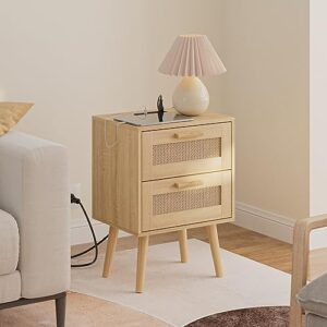 Masupu NightStand with Charging Station,Bedside Table with PE Rattan Decor Drawer, 2 Drawer Dresser for Bedroom,Rattan Furniture,Small Side Table,Rattan Night Stand for Bedroom,Living Room