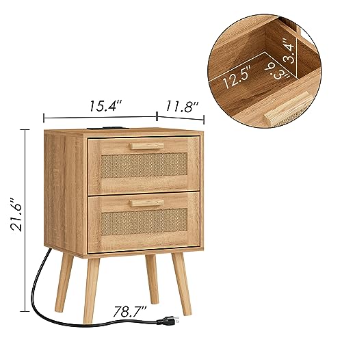 Masupu NightStand with Charging Station,Bedside Table with PE Rattan Decor Drawer, 2 Drawer Dresser for Bedroom,Rattan Furniture,Small Side Table,Rattan Night Stand for Bedroom,Living Room