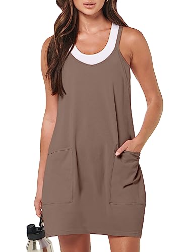 Caracilia Workout Dresses for Women 2023 Summer Casual Sleeveless Athletic Outfits Tennis Golf Sports Short Mini Dress with Built in Shapewear C112A5-qianka-L Coffee