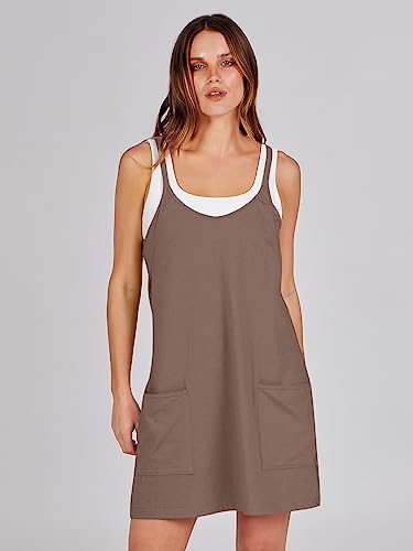 Caracilia Workout Dresses for Women 2023 Summer Casual Sleeveless Athletic Outfits Tennis Golf Sports Short Mini Dress with Built in Shapewear C112A5-qianka-L Coffee