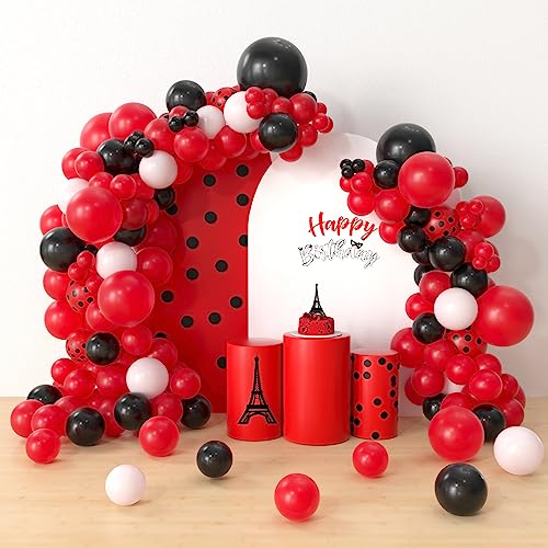 HYOWCHI Ladybug Party Supplies - 151 Pcs Ladybug Birthday Party Decorations Balloon Garland Arch Kit, Red Black Polka Dot Balloon Arch For Ladybug & Cat Noir Theme Baby Shower Birthday Party Supplies