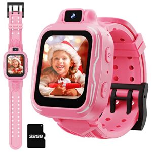 kids digital watch girls, best christmas birthday gifts for age 3 4 5 6 7 8 9 years children,touchscreen toddler sport smart watch with camera fm mp3 pedometer - light pink with 32gb sd card