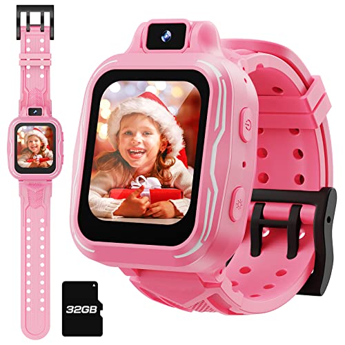 Kids Digital Watch Girls, Best Christmas Birthday Gifts for Age 3 4 5 6 7 8 9 Years Children,Touchscreen Toddler Sport Smart Watch with Camera FM MP3 Pedometer - Light Pink with 32GB SD Card