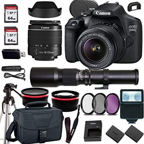 Canon EOS 2000D (Rebel T7) DSLR Camera w/Canon EF-S 18-55mm F/3.5-5.6 Zoom Lens+500mm f/8.0 Telephoto Lens+case+128Memory Cards (24PC)