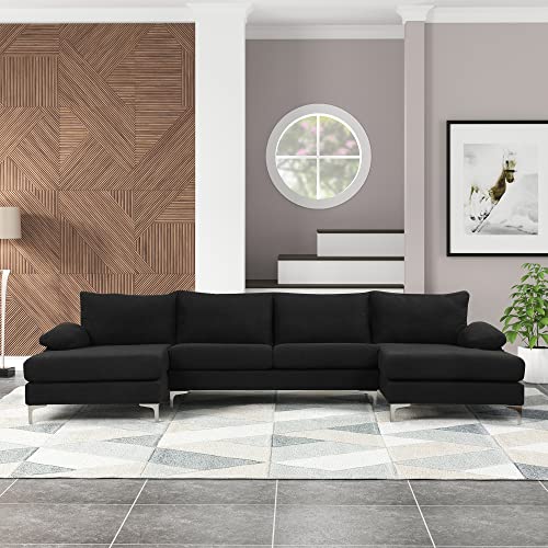 Casa Andrea Milano Modern Large Boucle U-Shape Sectional Sofa, Double Extra Wide Chaise Lounge Couch, Black