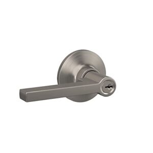 lock scout straight lever with round trim keyed entry door handle, satin nickel finish