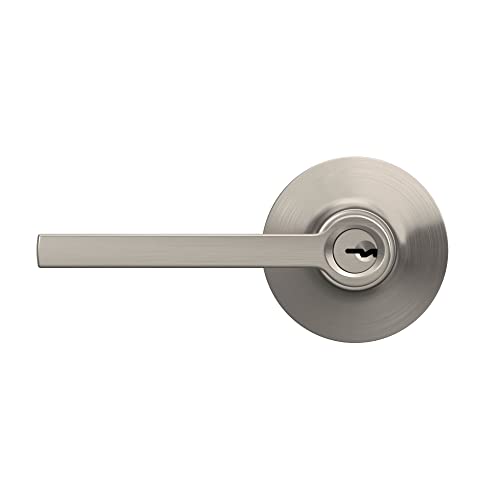 Lock Scout Straight Lever with Round Trim Keyed Entry Door Handle, Satin Nickel Finish