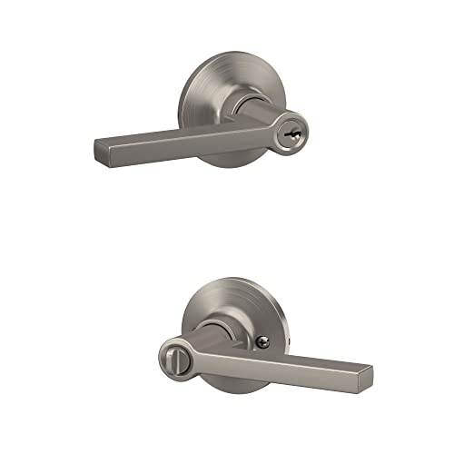 Lock Scout Straight Lever with Round Trim Keyed Entry Door Handle, Satin Nickel Finish