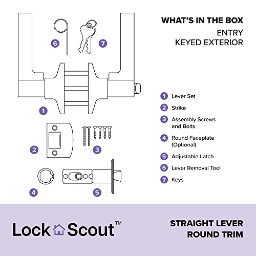 Lock Scout Straight Lever with Round Trim Keyed Entry Door Handle, Satin Nickel Finish