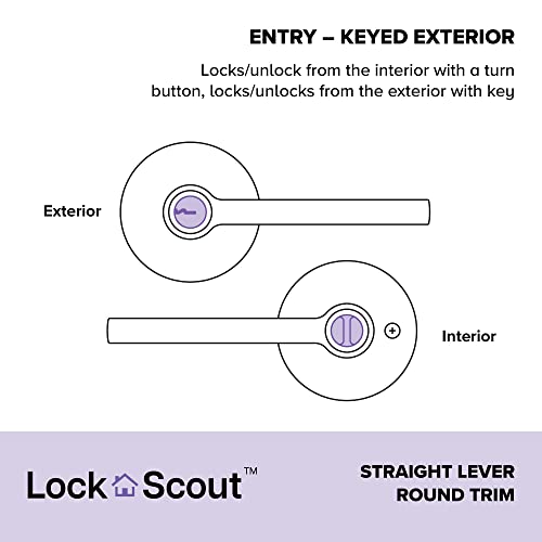 Lock Scout Straight Lever with Round Trim Keyed Entry Door Handle, Satin Nickel Finish