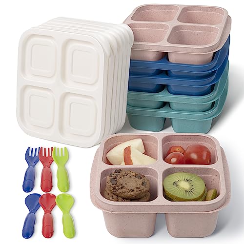 Mosville Snack Containers, Reusable 4 Divided Compartments Healthy Wheat Straw Bento Snack Box with 6 PCS Utensils, Meal Prep Containers with Snacks, Fruits, Nuts, Cookies, Candies [6 Pack]