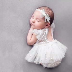 bluetop 3 pcs newborn photography props set lace newborn photography outfits baby girl photoshoot outfits cute pearl lace rompers newborn photoshoot props with pearl headband tutu skirt