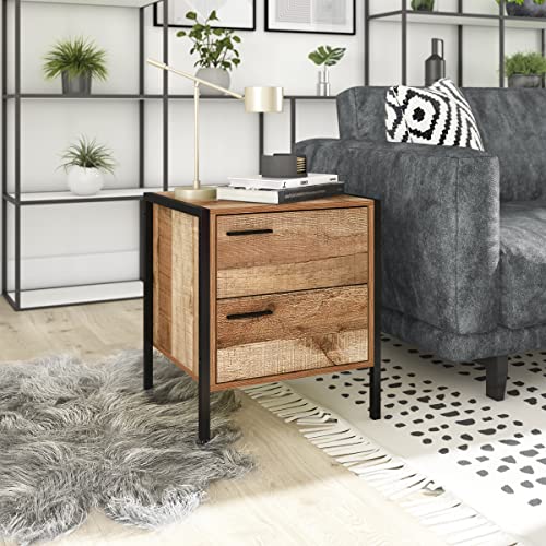 Atlantic Loft & Luv Zara Rustic 2 Storage Drawers, Wood Oak Finish Industrial End Table