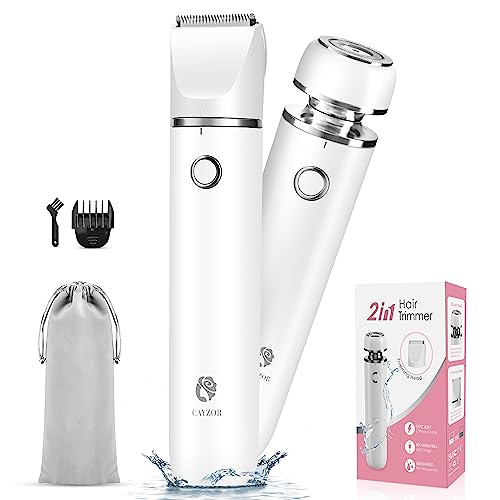 Cayzor Bikini Trimmer and Shaver for Women - 2-in-1 Wet/Dry Electric Body Hair Trimmer Cordless Waterproof Facial Hair Removal Shaver Razor for Painless Trimming of Pubic Face Underarm Legs (White)