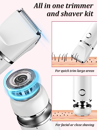 Cayzor Bikini Trimmer and Shaver for Women - 2-in-1 Wet/Dry Electric Body Hair Trimmer Cordless Waterproof Facial Hair Removal Shaver Razor for Painless Trimming of Pubic Face Underarm Legs (White)