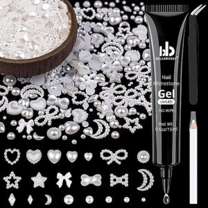 600pcs 3d multi shapes nail charms and flatback pearls, white mix styles heart star bow sunflower embellishments for nail art, craft and decoration with glue gel, tweezer and pickup pencil