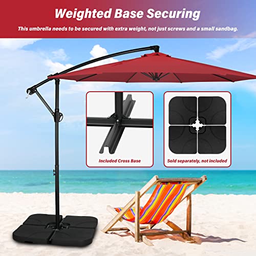 Simple Deluxe 10ft Offset Umbrella Cantilever Patio Hanging Umbrella Outdoor Market Umbrella with Crank & Cross Base Suitable for Garden, Lawn, backyard and Deck, Red