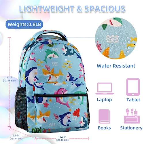 Shark Cartoon Backpack for Girls Boys, Elementary Middle High School Bookbags for Teen Kids, Large Travel Laptop Back Packs for College Students Women Men, Durable Lightweight School Bags