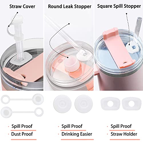 Silicone Spill Proof Stopper Set of 3, Compatible with Stanley 1.0 40oz/ 30oz Cup, Spill Stopper Set with 2 Straw Cover Cap, 2 Square Spill Stopper and 2 Round Leak Stopper