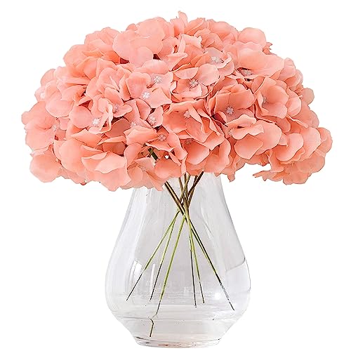 KISLOHUM Artificial Hydrangea Flowers Coral Heads 10 Fake Hydrangea Silk Flowers for Wedding Centerpieces Bouquets DIY Floral Decor Home Decoration with Stems.