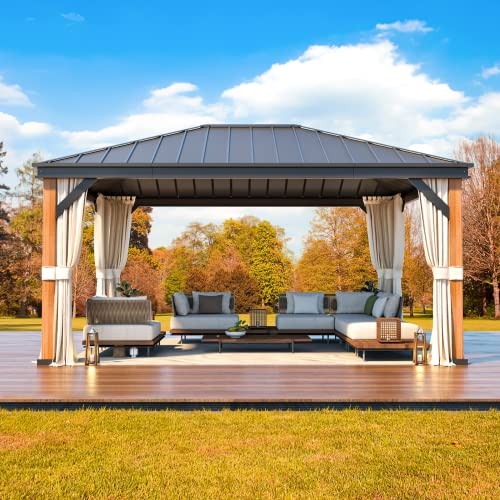 Erinnyees 12' x 16' Hickened Columns and Beams Hardtop Gazebo, Outdoor Wood Grain Frame Aluminum Gazebo, Galvanized Steel Single Roof with Netting and Curtains for Garden Patio, Lawns