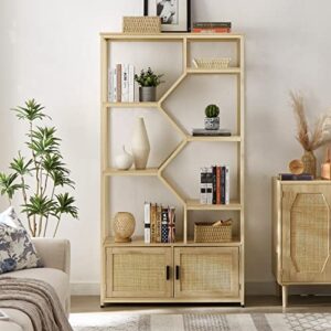 CUANBOZAM 7-Tier Rattan Bookshelf with Storage Cabinet & Door - 76" Tall, Open Display Bookcase Organizer - Free Standing Storage Unit for Home, Office, Living Room, Bedroom, Study