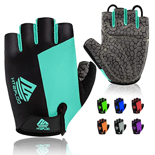 HTZPLOO Bike Gloves Cycling Gloves Biking Gloves Bicycle Gloves for Men Women with Anti-Slip Shock-Absorbing Pad,Light Weight Half Finger Gloves for Cycling Workout Training Outdoor (Celeste, Medium)