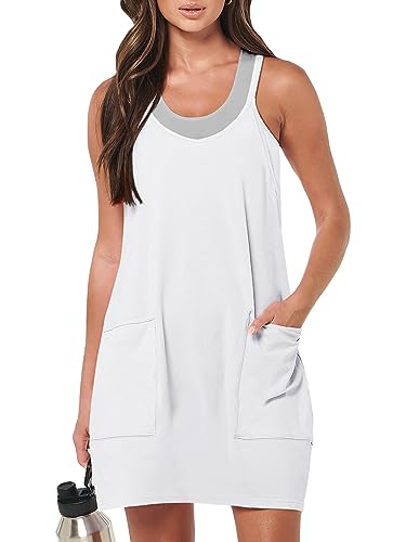 ANRABESS Women 2023 Summer Mini Dress Casual Sleeveless Short Sundress Athletic Workout Dress Build in Shapewear for Tennis Sports Onesie 1125mibai-XL White