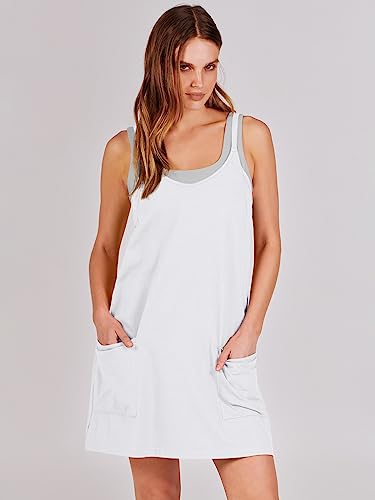 ANRABESS Women 2023 Summer Mini Dress Casual Sleeveless Short Sundress Athletic Workout Dress Build in Shapewear for Tennis Sports Onesie 1125mibai-XL White