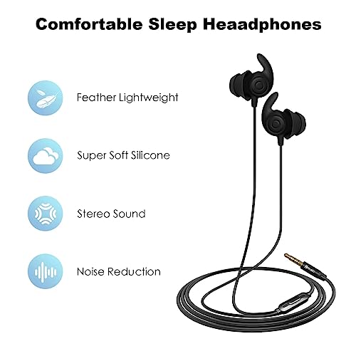 Hmusic Sleep Earbuds, Noise Isolation 3.5mm Sleep Headphones Wired, Lightweight Soft Silicone Earplugs with Mic for Insomnia, Side Sleeper, Snoring, Air Travel, Yoga, Relaxation, Meditation (Black)