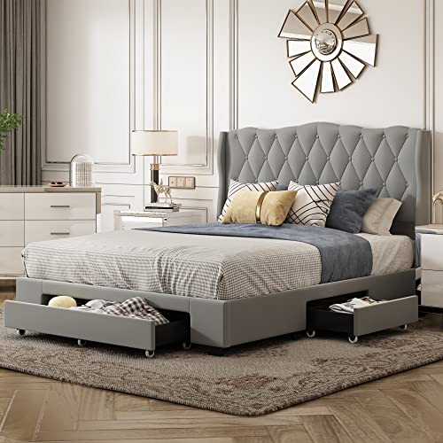 Polibi Queen Size Upholstered Platform Bed,Queen Bed Frame with Tufted Headboard and 3 Drawers, No Box Spring Needed,Velvet Fabric,Gray