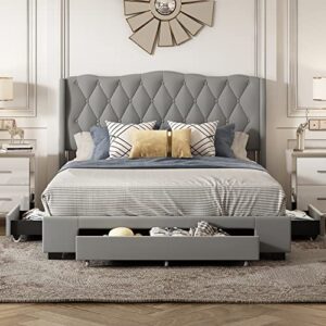 Polibi Queen Size Upholstered Platform Bed,Queen Bed Frame with Tufted Headboard and 3 Drawers, No Box Spring Needed,Velvet Fabric,Gray