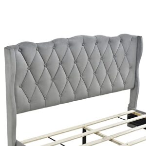 Polibi Queen Size Upholstered Platform Bed,Queen Bed Frame with Tufted Headboard and 3 Drawers, No Box Spring Needed,Velvet Fabric,Gray